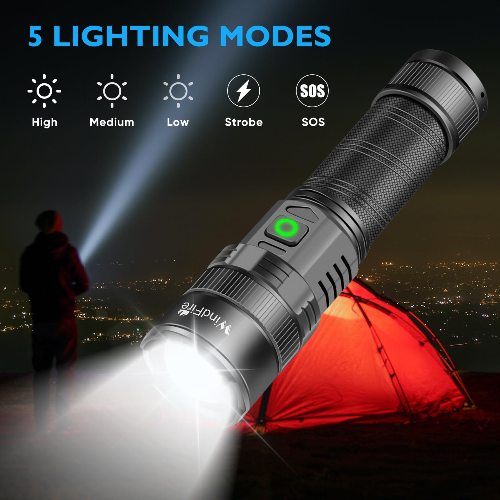 WINDFIRE Rechargeable LED Flashlights High Lumens, 100000 Lumens XHP70 Super Bright Powerful Tactical Flashlight 5 Modes Zoomable Handheld Waterproof Flashlight for Emergencies Camping Hiking