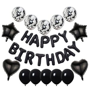 weika 27 pcs black birthday decorations, 3d foil black happy birthday balloon banner, pentagram heart foil balloons confetti balloons kit for boys girls birthday party supplies