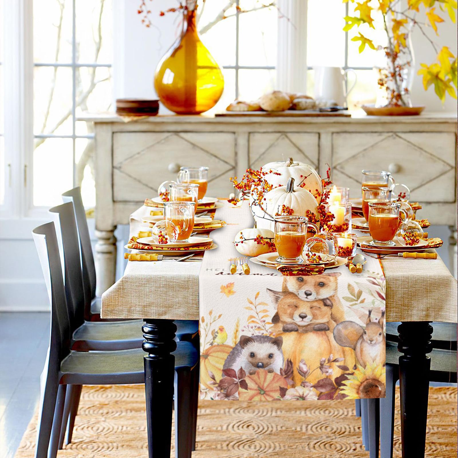 Fall Thanksgiving Table Runner, Fall Table Decorations Pumpkin Animals Autumn Table Runners Seasonal Fall Thanksgiving Holiday Decor for Indoor Outdoor Dining Table 13x72 Inches