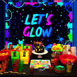 Glow Neon Birthday Backdrop - Glow in The Dark Let’s Glow Banner Backdrop Black Light Themed Party Photography Background Splatter Paint Photo Booth Backdrop, 5.9x3.9ft