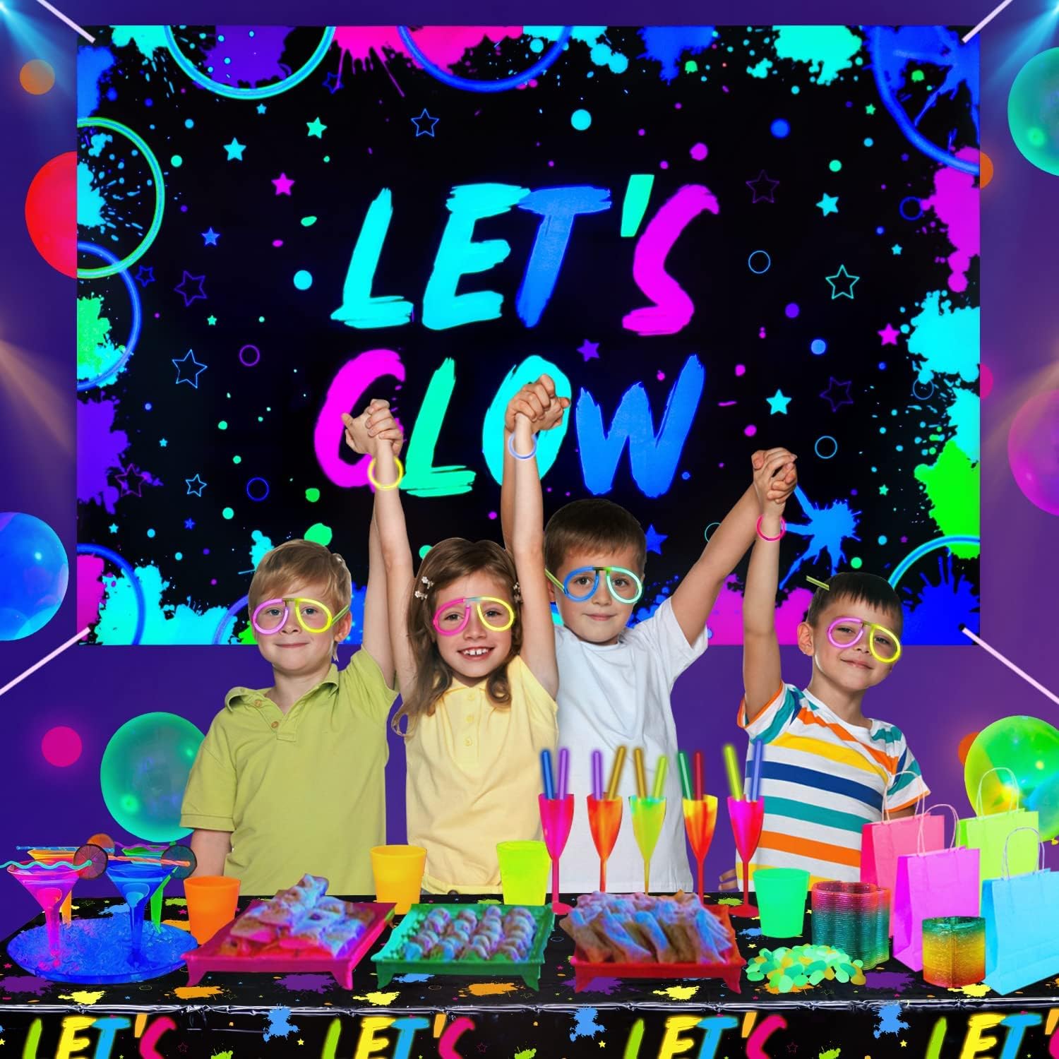 Glow Neon Birthday Backdrop - Glow in The Dark Let’s Glow Banner Backdrop Black Light Themed Party Photography Background Splatter Paint Photo Booth Backdrop, 5.9x3.9ft