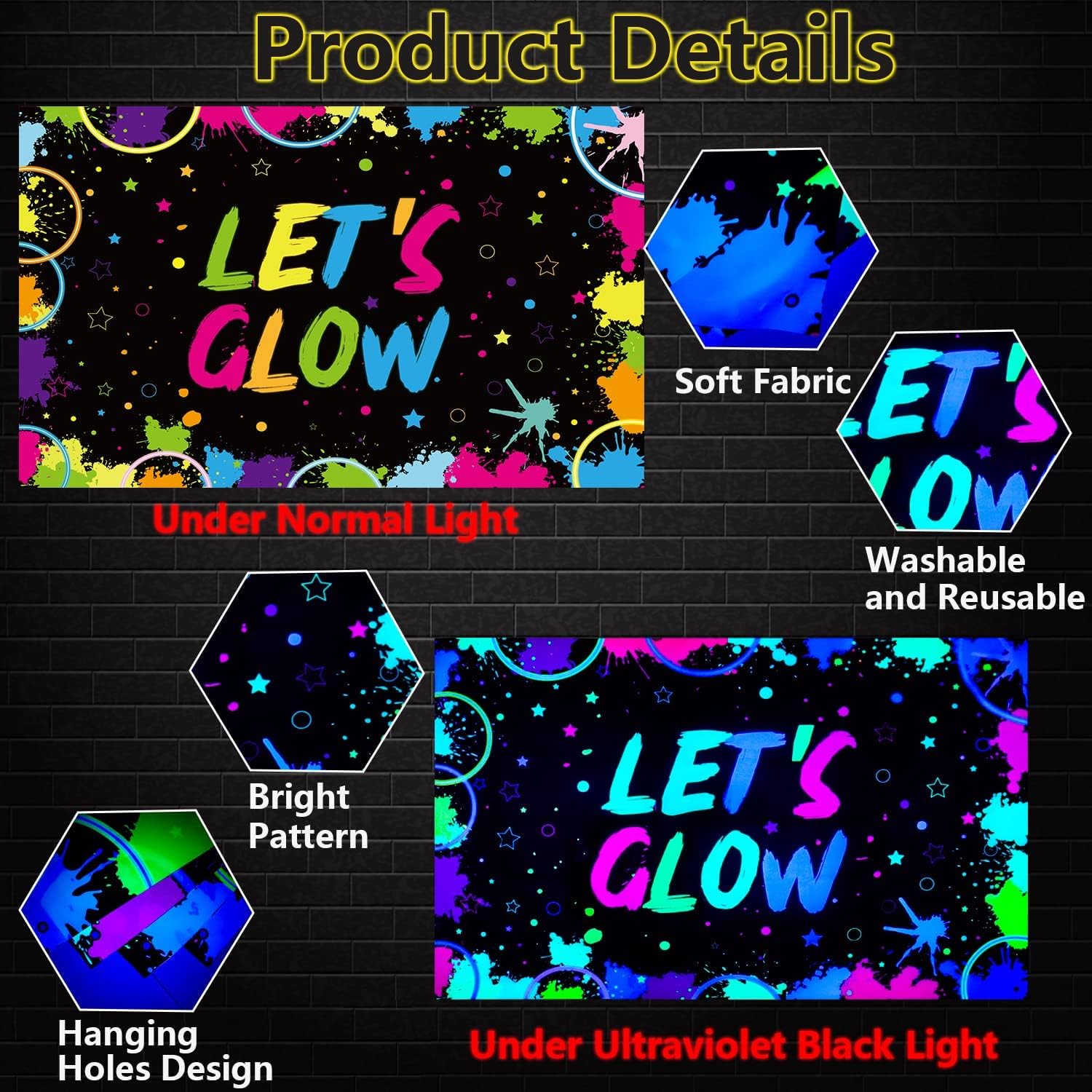 Glow Neon Birthday Backdrop - Glow in The Dark Let’s Glow Banner Backdrop Black Light Themed Party Photography Background Splatter Paint Photo Booth Backdrop, 5.9x3.9ft