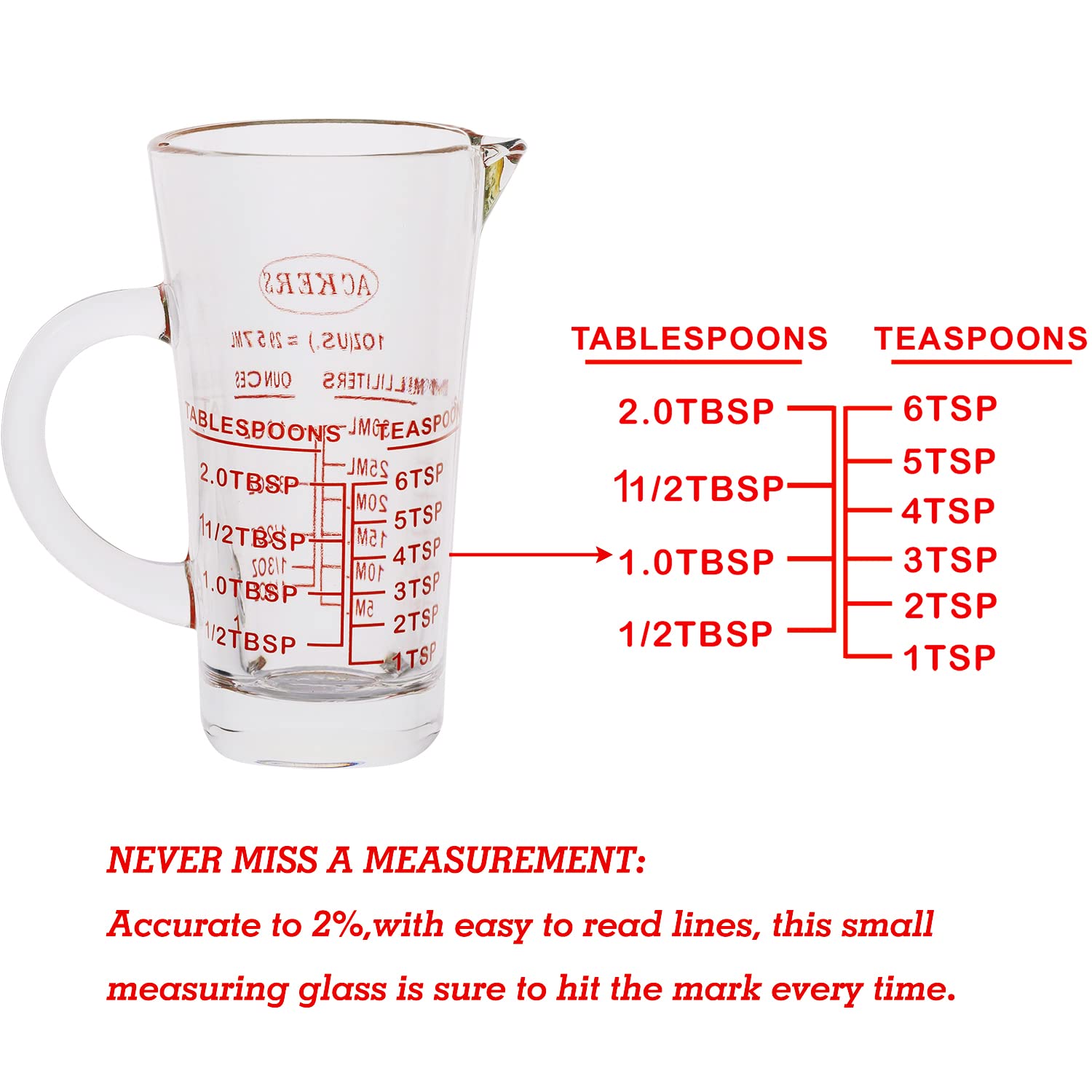 Shot Glasses Measuring cup Espresso Shot Glass Liquid Heavy Glass Wine Glass-[Insulated handle | V-Shaped Spout]-26-Incremental Measurement 1OZ, 6TSP, 2TBS, 30ML (2 Pack-Red)