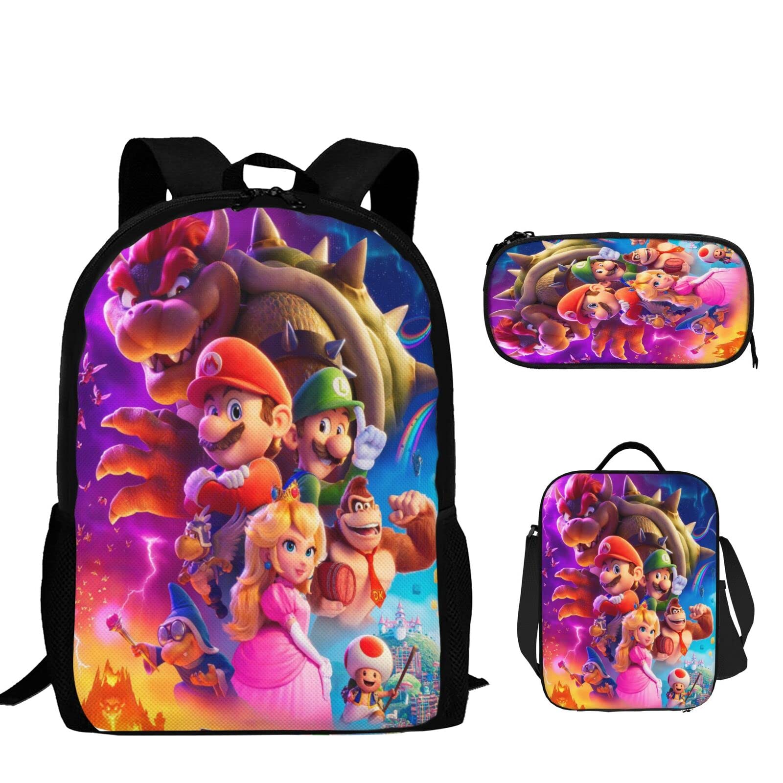 Super Cute Bros Backpacks Set 3d Casual Light Weight Backpack Bookbag 3 Pice With Lunch Box Lunch Bag And Pencil Case Pencil Bag For Girls Boys Teens