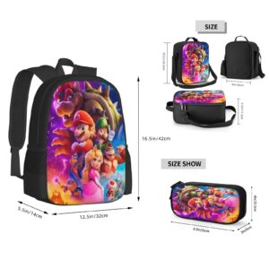 Super Cute Bros Backpacks Set 3d Casual Light Weight Backpack Bookbag 3 Pice With Lunch Box Lunch Bag And Pencil Case Pencil Bag For Girls Boys Teens