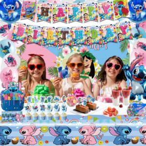 Stitch Birthday Party Supplies, Stitch themed Party Decorations Include Happy Birthday Banner, Backdrop, Tableware Set, Tablecloth, Hanging Swirls, Cake Toppers, Cupcake Toppers, Latex Balloons