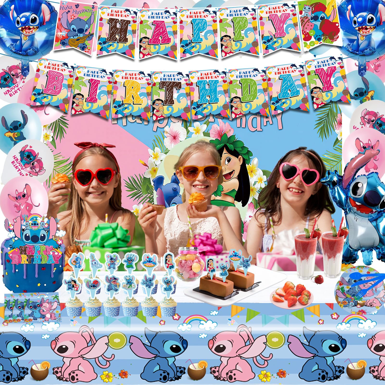 Stitch Birthday Party Supplies, Stitch themed Party Decorations Include Happy Birthday Banner, Backdrop, Tableware Set, Tablecloth, Hanging Swirls, Cake Toppers, Cupcake Toppers, Latex Balloons