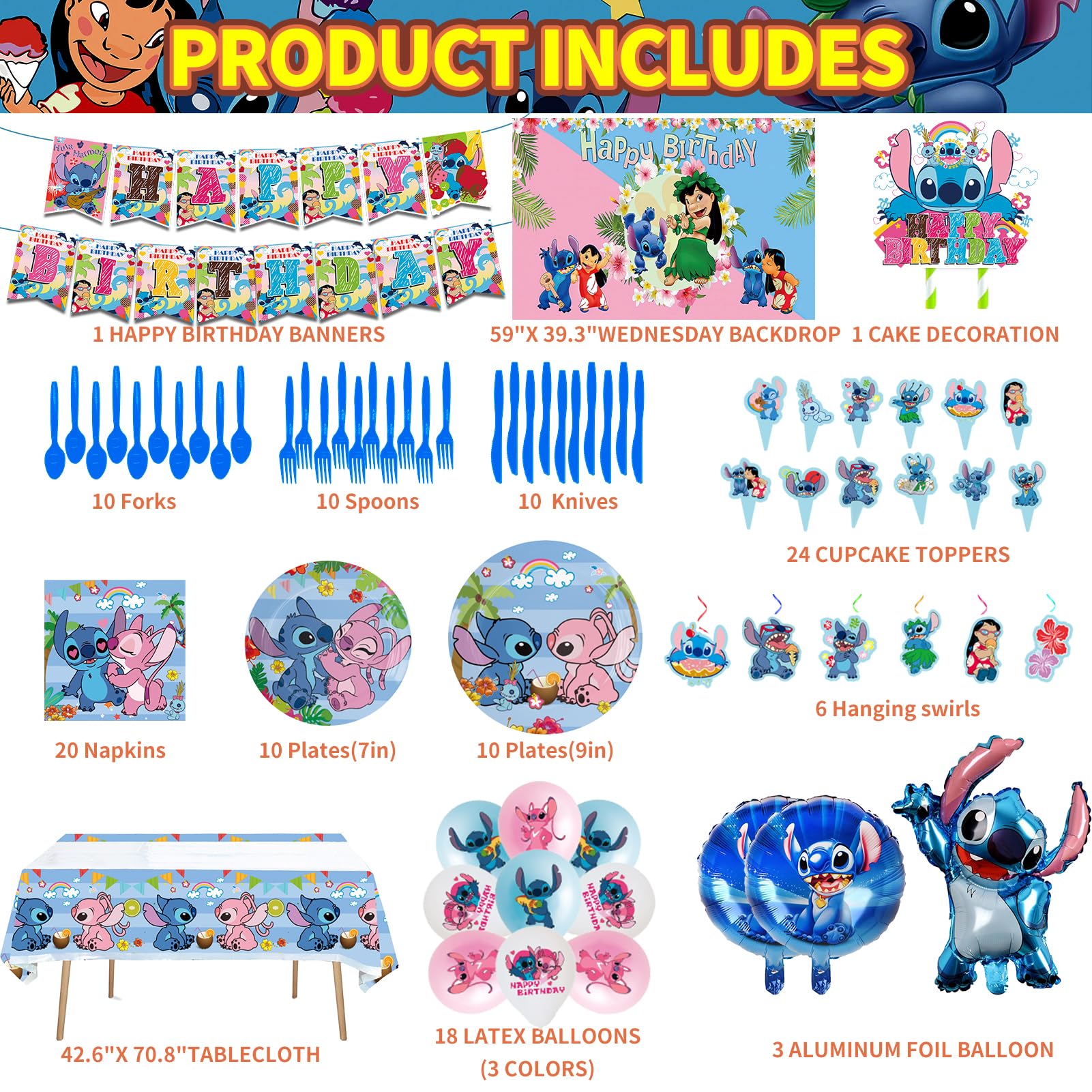 Stitch Birthday Party Supplies, Stitch themed Party Decorations Include Happy Birthday Banner, Backdrop, Tableware Set, Tablecloth, Hanging Swirls, Cake Toppers, Cupcake Toppers, Latex Balloons