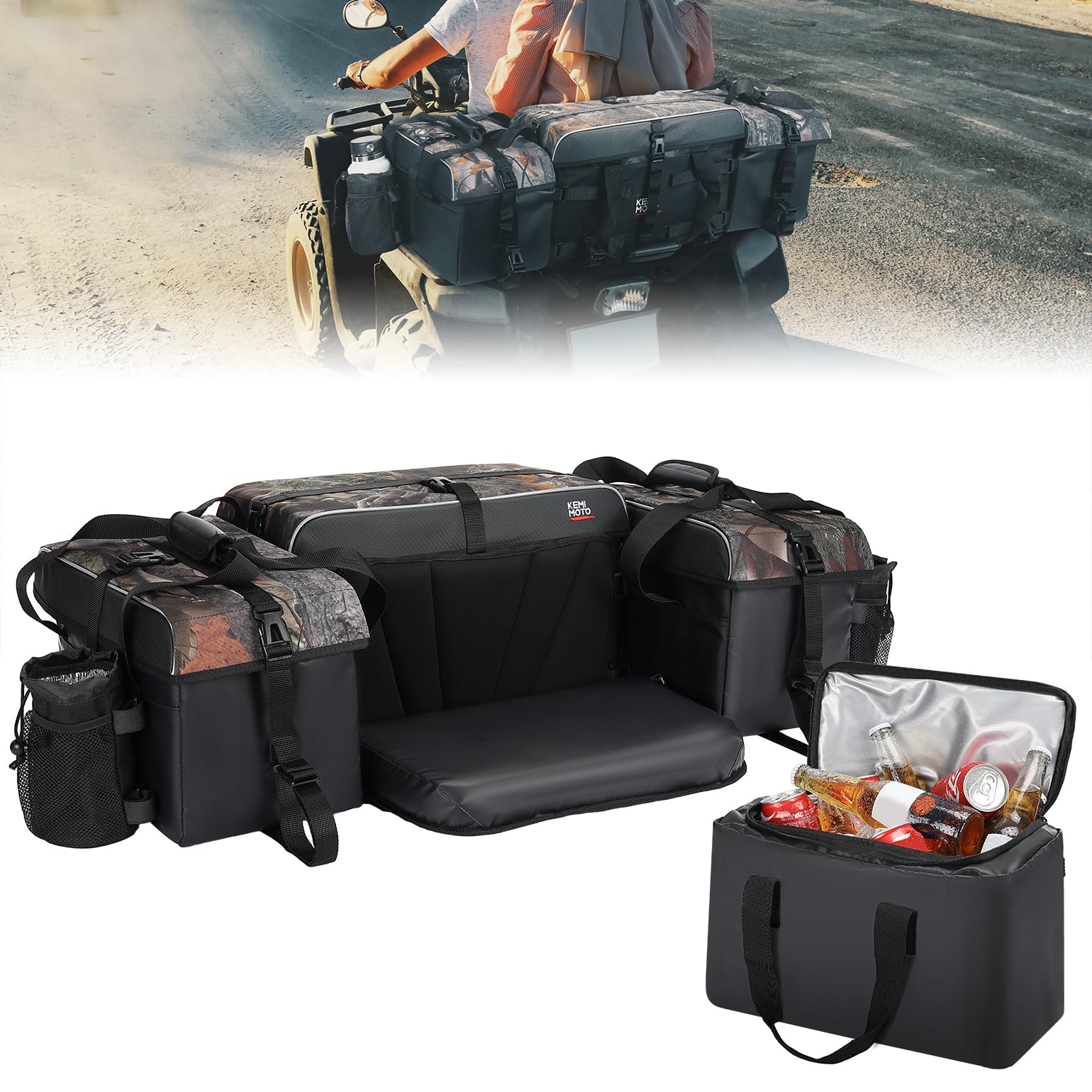 KEMIMOTO ATV Storage Bags with Cooler Bag, 76L Large ATV Bags Rear Rack Bag, Upgraded 4 ATV Cargo Rear Seat Bags Compatible with Polaris Sportsman Fourtrax Can-Am Kawasaki Arctic Cat CFMOTO