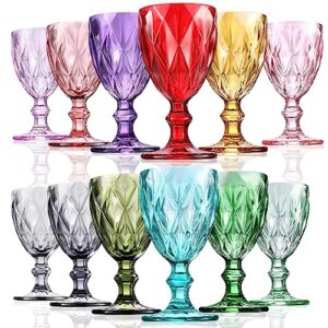 meekoo 12 pcs red wine glass colored glass goblet 8 oz stemmed glassware colorful wine glass drinking glass with stem vintage pattern embossed high clear for wedding party banquet feast, 12 colors