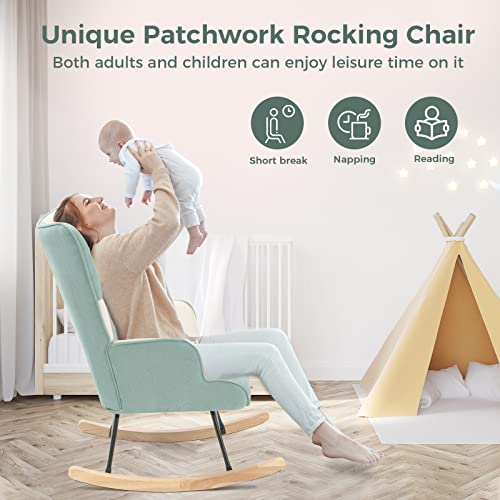 Unovivy Rocking Chair Nursery, Teddy Upholstered Glider Rocker with High Backrest, Stylish Accent Armchair with Padded Seat Indoor, Suitable for Living Room, Bedroom, Office, 35.4" H, Patchwork Green