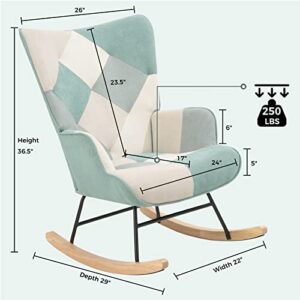 Unovivy Rocking Chair Nursery, Teddy Upholstered Glider Rocker with High Backrest, Stylish Accent Armchair with Padded Seat Indoor, Suitable for Living Room, Bedroom, Office, 35.4" H, Patchwork Green