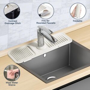 Lux Household Silicone Faucet Handle Drip Catcher Tray - Self-Draining Kitchen Sink Splash Guard with Adjustable Coil Opening - Sink Faucet Mat with Cleaning Towel (Ivory)