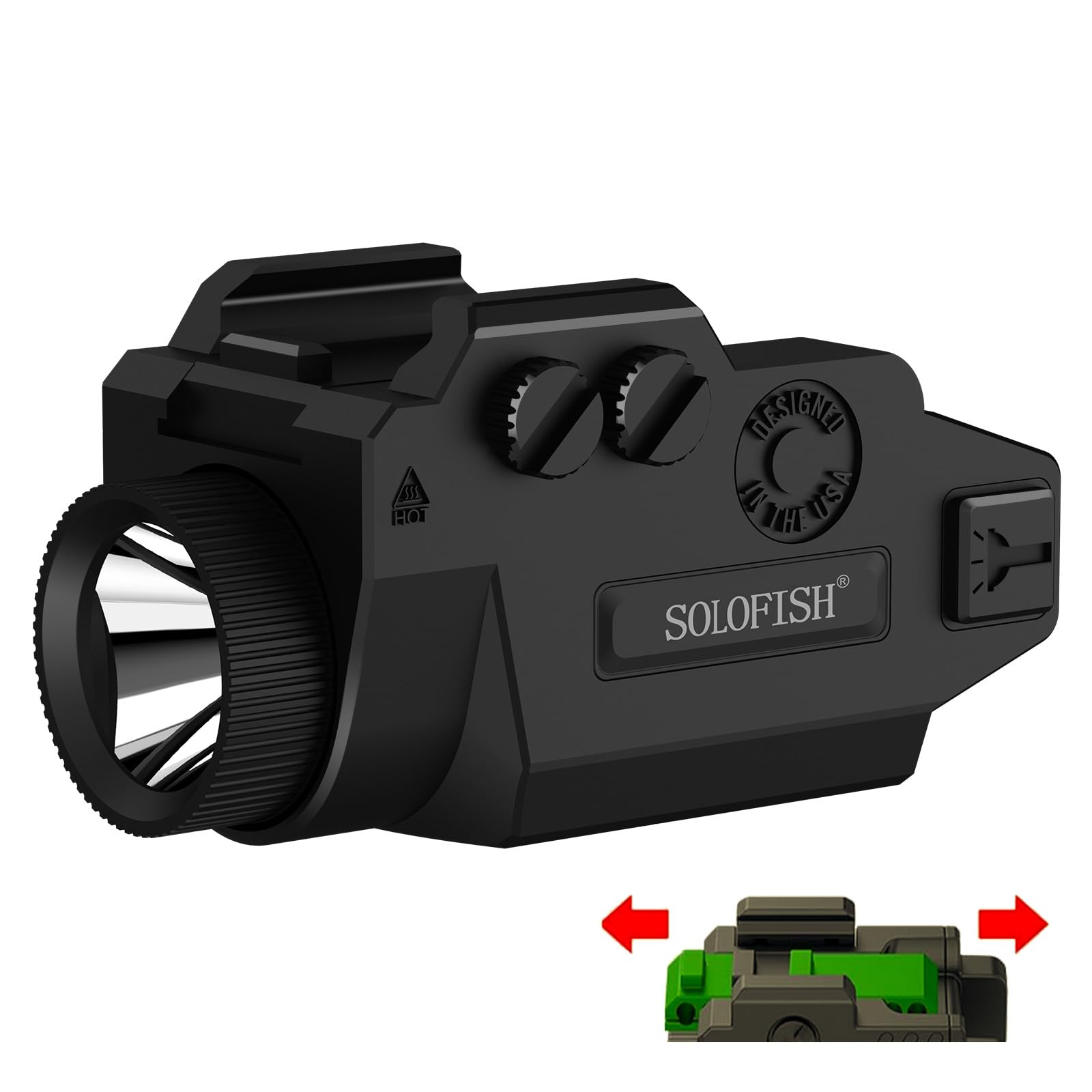 Solofish 650 Lumens Pistol Light with Strobe & Memory, Slidable Tactical Flashlight, Rail-Mounted Gun Light Compatible with Glock Pistols w/Picatinny， Rechargeable