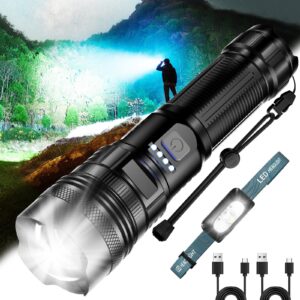 mokura rechargeable led flashlight high lumens with headlamp, 90000 lumen usb c flashlights emergency, waterproof bright zoomable flash light powerful for home camping hiking fishing