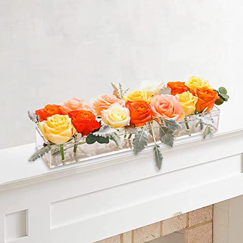 2Pcs Acrylic Flower Vase Rectangular Clear Acrylic Modern Vases- Total 24 Inches Long Rectangular Floral Centerpiece Low Decoration Vase for Dining Table Halloween Party Decor Wedding（24Holes）