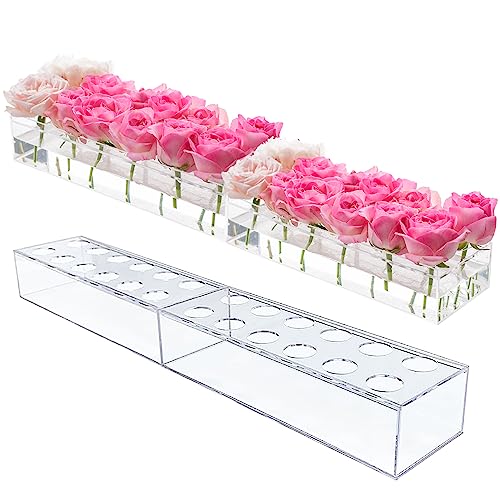 2Pcs Acrylic Flower Vase Rectangular Clear Acrylic Modern Vases- Total 24 Inches Long Rectangular Floral Centerpiece Low Decoration Vase for Dining Table Halloween Party Decor Wedding（24Holes）