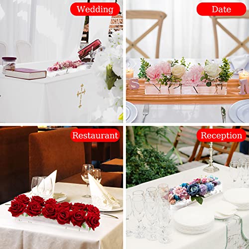 2Pcs Acrylic Flower Vase Rectangular Clear Acrylic Modern Vases- Total 24 Inches Long Rectangular Floral Centerpiece Low Decoration Vase for Dining Table Halloween Party Decor Wedding（24Holes）