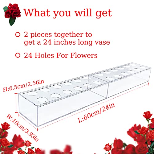 2Pcs Acrylic Flower Vase Rectangular Clear Acrylic Modern Vases- Total 24 Inches Long Rectangular Floral Centerpiece Low Decoration Vase for Dining Table Halloween Party Decor Wedding（24Holes）