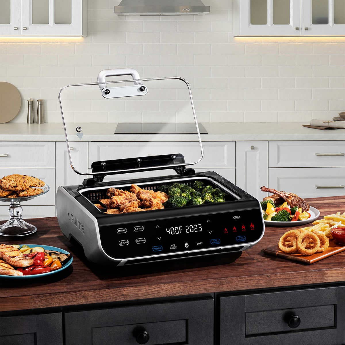 Gourmia 5-in-1 FoodStation Smokeless Grill & Air Fryer with Integrated Temperature Probe - 4.9 Liter Capacity, 44.5 cm Ã— 41.5 cm, Black