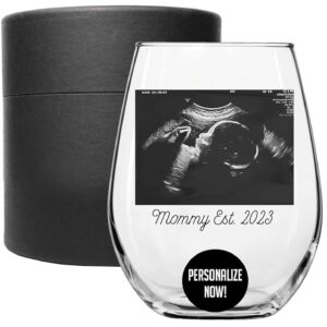 Spotted Dog Company Personalized 17oz Printed Photo Picture Stemless Wine Glass - Mother's Day First Time New Mom Gift - Mommy to be Gift - Expecting Mom Gift - Pregnant Pregnancy Announcement Women