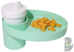 my travel tray oval, usa made. extend your current cup holder to hold a cup plus a tray for snacks, toys and accessories. use in a car seat, booster, stroller, golf cart, outdoor chair. (mint green)