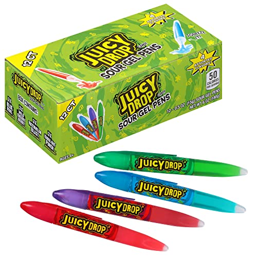 Juicy Drop Sour Gel Pen Candy Variety Pack, 12 Count (Pack of 1) - Assorted Fruity Flavors Sour Candy - Ideal for Kids Parties, Birthdays & Celebrations - Individually Wrapped, Fun Sour Gel Candy