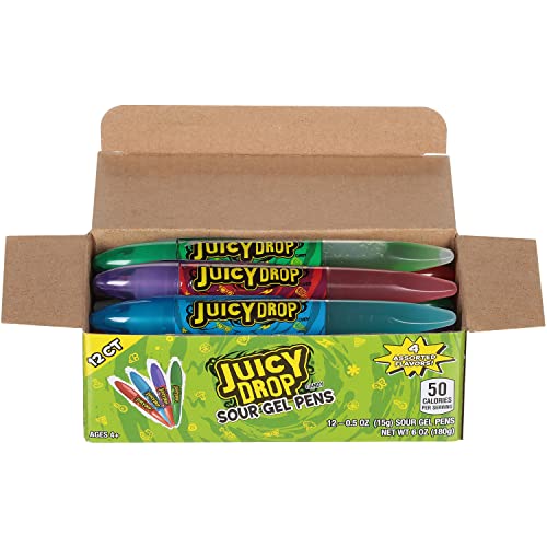 Juicy Drop Sour Gel Pen Candy Variety Pack, 12 Count (Pack of 1) - Assorted Fruity Flavors Sour Candy - Ideal for Kids Parties, Birthdays & Celebrations - Individually Wrapped, Fun Sour Gel Candy