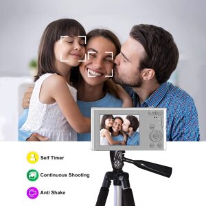 eDealz 44MP Digital Camera Compact Point & Shoot Camera, 16X Zoom, 32GB SD Card, Card Reader 6" Tripod and 6PC Card Holder Kids Camera 2.4" Screen, Vlogging Camera for Teens, Kids, Adults (Silver)