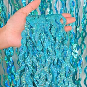 4 pack teal aqua blue wavy foil fringe curtains party decorations - 3.3 ft x 6.6 ft sparkle streamer tinsel curtain party photo backdrops for birthday party christmas graduation decoration