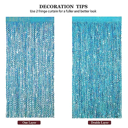 4 Pack Teal Aqua Blue Wavy Foil Fringe Curtains Party Decorations - 3.3 ft x 6.6 ft Sparkle Streamer Tinsel Curtain Party Photo Backdrops for Birthday Party Christmas Graduation Decoration