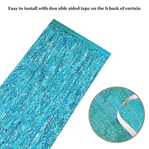 4 Pack Teal Aqua Blue Wavy Foil Fringe Curtains Party Decorations - 3.3 ft x 6.6 ft Sparkle Streamer Tinsel Curtain Party Photo Backdrops for Birthday Party Christmas Graduation Decoration