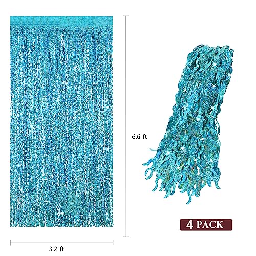 4 Pack Teal Aqua Blue Wavy Foil Fringe Curtains Party Decorations - 3.3 ft x 6.6 ft Sparkle Streamer Tinsel Curtain Party Photo Backdrops for Birthday Party Christmas Graduation Decoration