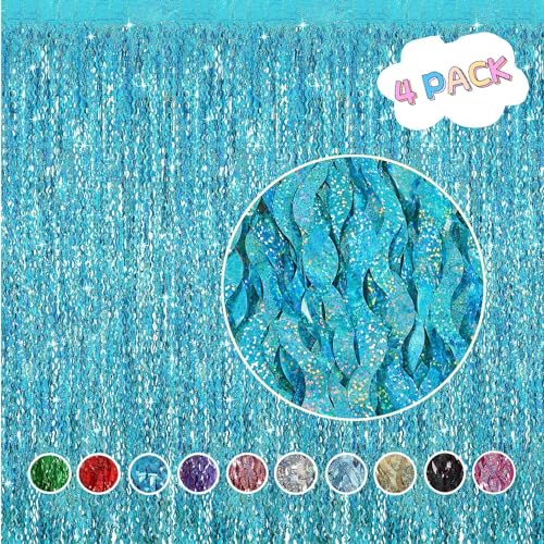 4 Pack Teal Aqua Blue Wavy Foil Fringe Curtains Party Decorations - 3.3 ft x 6.6 ft Sparkle Streamer Tinsel Curtain Party Photo Backdrops for Birthday Party Christmas Graduation Decoration