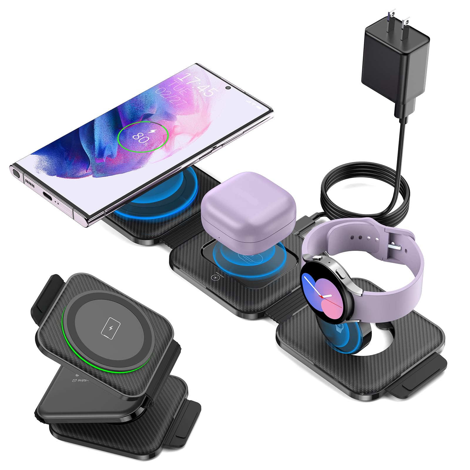 Pocket Wireless Charger for Samsung Android Phone, Fast Foldable Travel Wireless Charging Station Stand Compatible for Samsung Galaxy Watch/Buds Pro/for Samsung S24/S23 Ultra/S22/Z Flip 4/3 Fold 4/3