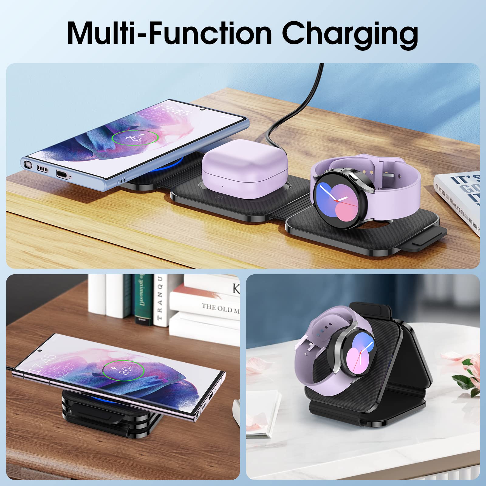 Pocket Wireless Charger for Samsung Android Phone, Fast Foldable Travel Wireless Charging Station Stand Compatible for Samsung Galaxy Watch/Buds Pro/for Samsung S24/S23 Ultra/S22/Z Flip 4/3 Fold 4/3