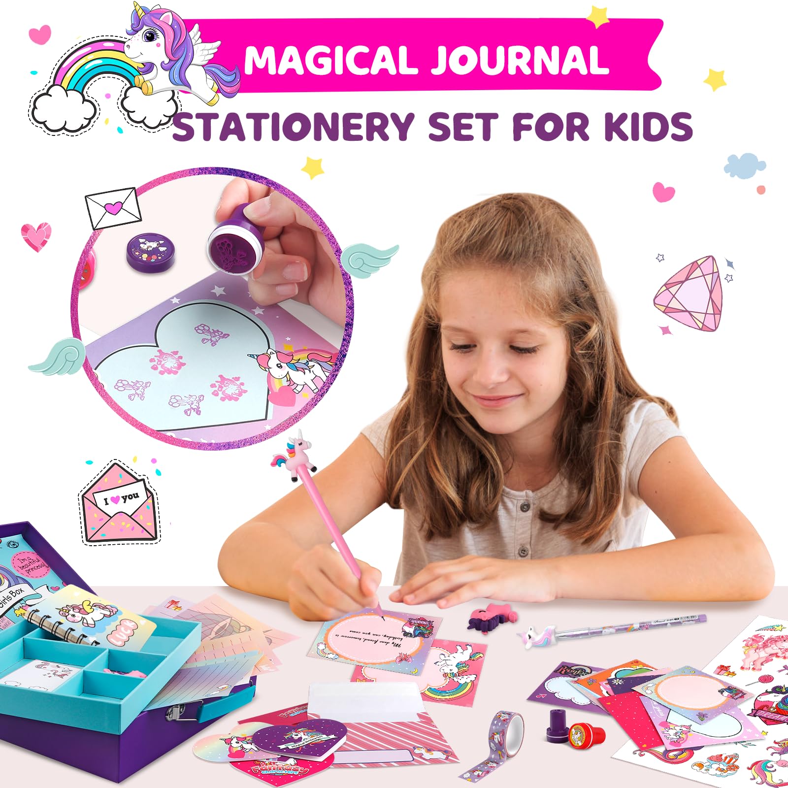 TingingYuli Kid Journal Stationery Set,Gifts for Girls Ages 6 7 8 9 10 11 12 Year Old,49 Pieces Stationery Letter Writing Crafting Kit with Storage Case,Preteen Girls Toys Gift for Birthday Christmas