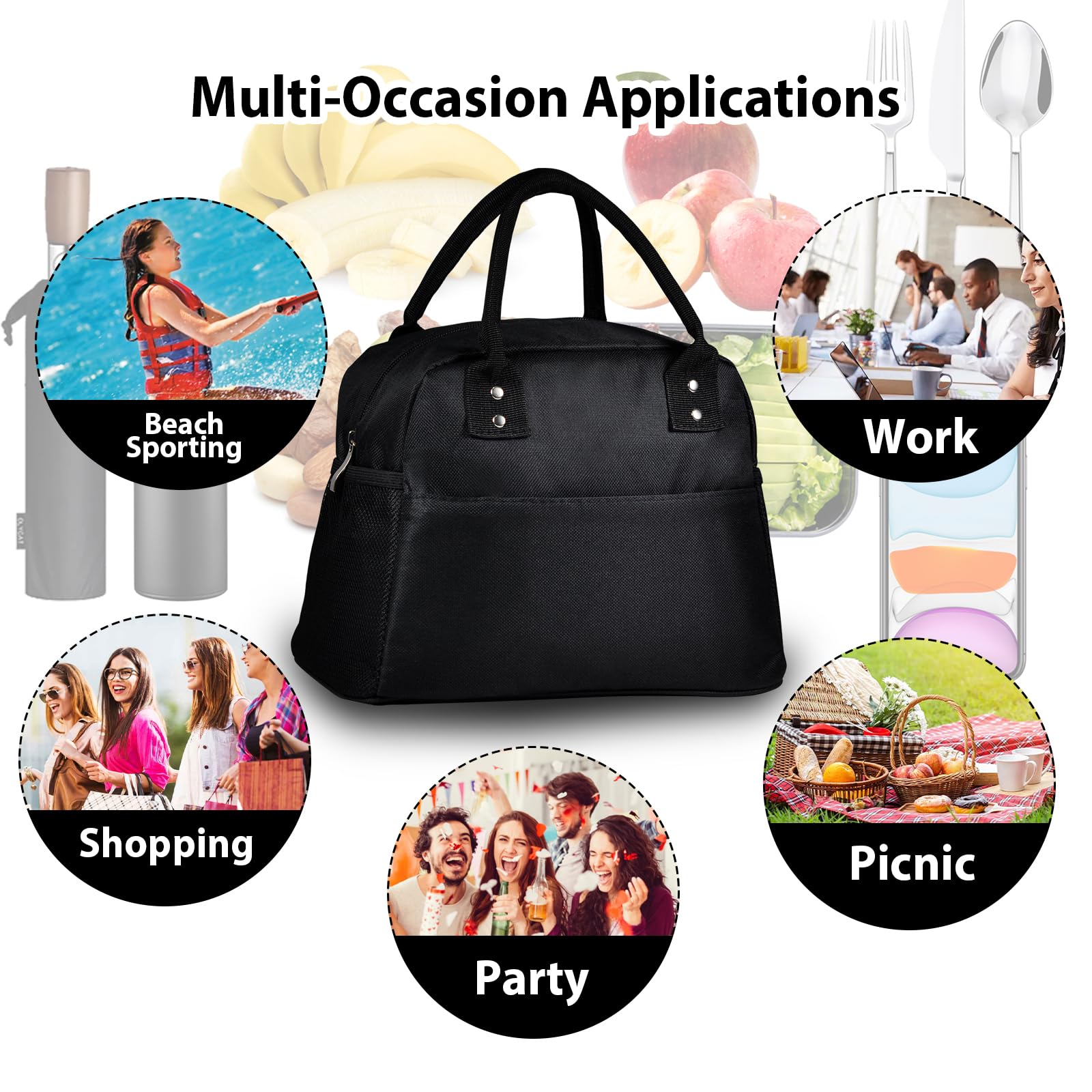 Lunch Bag for Women Men Insulated Reusable Lunch Box Tote Bag, Leakproof Cooler Cute Lunch Box Handbags for Office Work, Home, Picnic Beach or Travel - Black