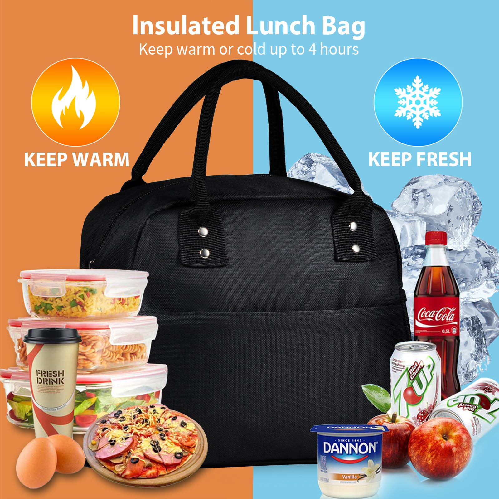 Lunch Bag for Women Men Insulated Reusable Lunch Box Tote Bag, Leakproof Cooler Cute Lunch Box Handbags for Office Work, Home, Picnic Beach or Travel - Black