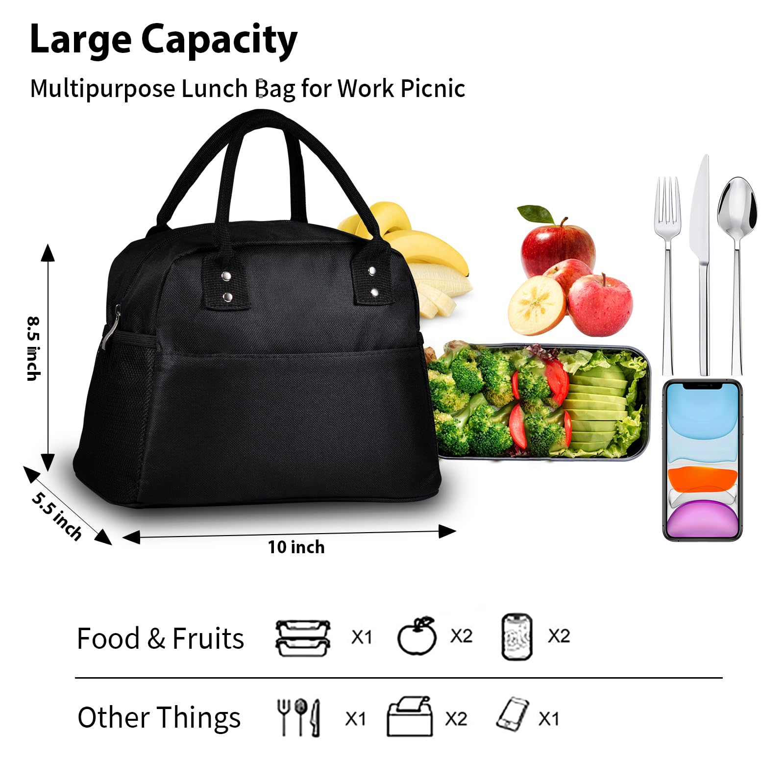 Lunch Bag for Women Men Insulated Reusable Lunch Box Tote Bag, Leakproof Cooler Cute Lunch Box Handbags for Office Work, Home, Picnic Beach or Travel - Black