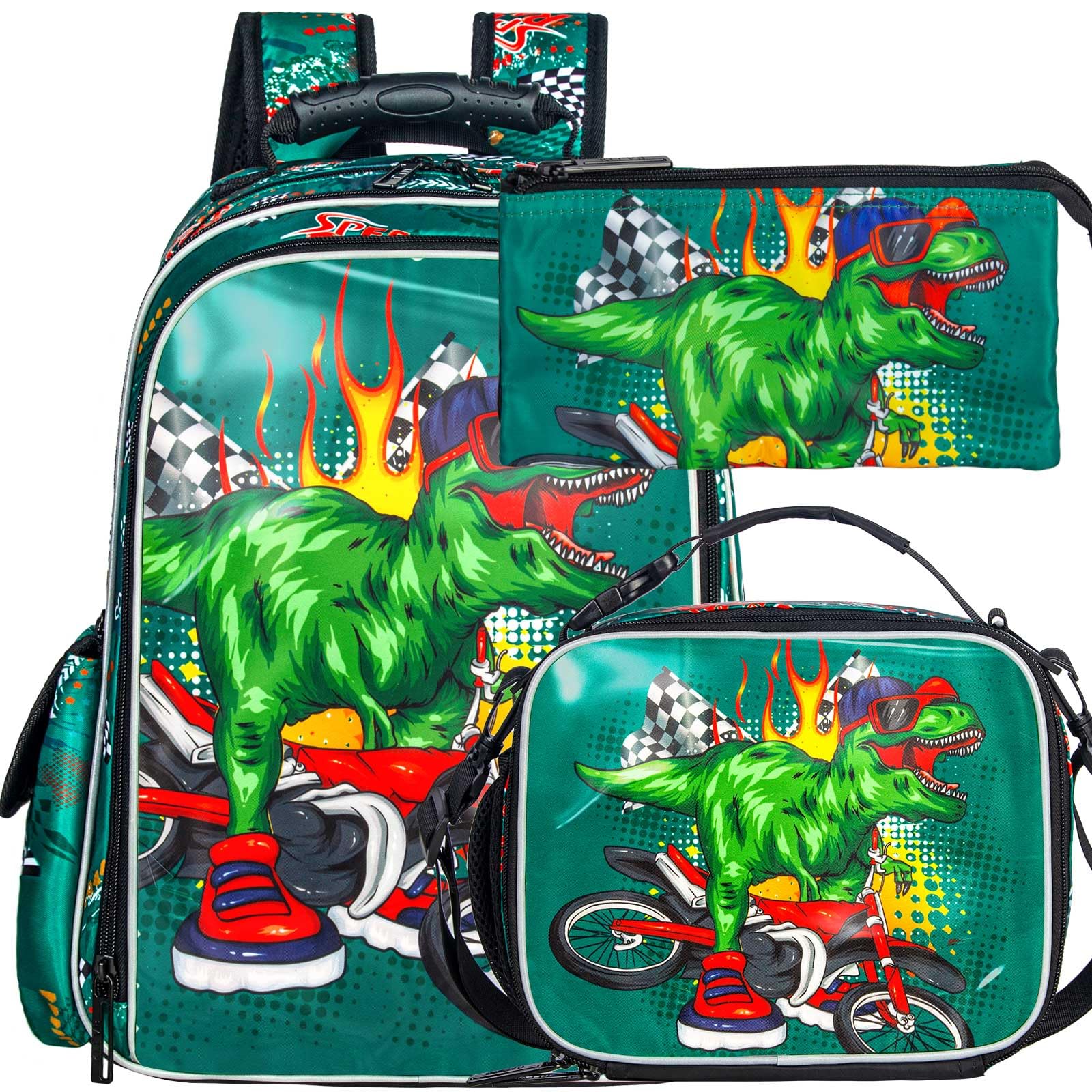 KLFVB 3PCS Dinosaur Backpack for Boys, 16" Kids Bookbag and Lunch Box, Water Resistant 3D Preschool Backpacks for Elementary Students