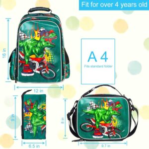 KLFVB 3PCS Dinosaur Backpack for Boys, 16" Kids Bookbag and Lunch Box, Water Resistant 3D Preschool Backpacks for Elementary Students