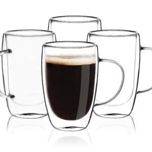 GMFINE Double Wall Glass Coffee Mugs with Handle, 16 oz Insulated Clear Espresso Cups, Cappuccino Cups, Latte Cups, Tea Cups, and Beverage Glasses, Heat Resistant, 4 Pack