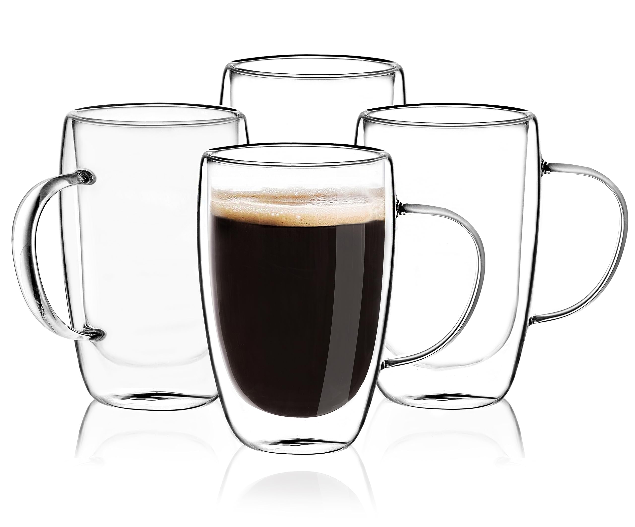 GMFINE Double Wall Glass Coffee Mugs with Handle, 16 oz Insulated Clear Espresso Cups, Cappuccino Cups, Latte Cups, Tea Cups, and Beverage Glasses, Heat Resistant, 4 Pack