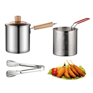 deep fryer pot 304 stainless steel frying pan with strainer basket and handle,japanese tempura fryer deep fryers frying pot for frying fish shrimp chicken and fries (silver)