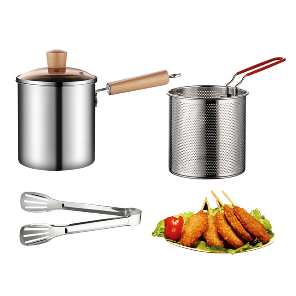 Deep Fryer Pot 304 Stainless Steel Frying Pan with Strainer Basket and Handle,Japanese Tempura Fryer Deep Fryers Frying Pot for Frying Fish Shrimp Chicken and Fries (Silver)