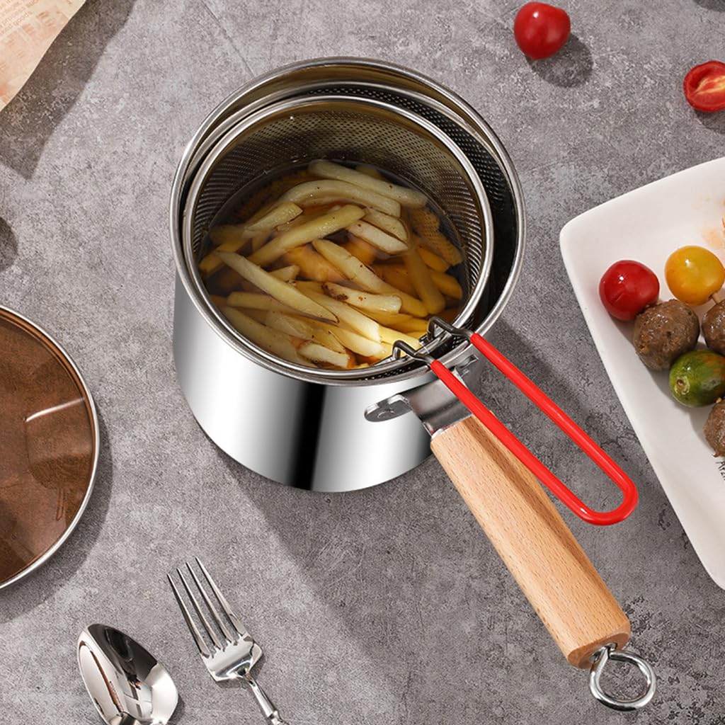 Deep Fryer Pot 304 Stainless Steel Frying Pan with Strainer Basket and Handle,Japanese Tempura Fryer Deep Fryers Frying Pot for Frying Fish Shrimp Chicken and Fries (Silver)