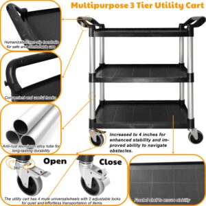 RAYFARMO Plastic Utility Cart with Wheels, 3 Tier Rolling Cart with Lockable Wheels, Heavy Duty 510lbs Capacity Food Service Cart for Office, Restaurant, Kitchen, Home, Warehouse