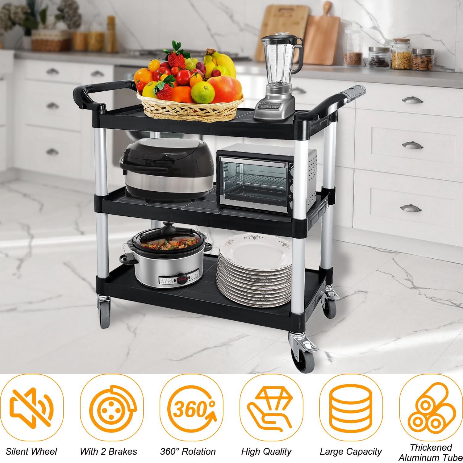 RAYFARMO Plastic Utility Cart with Wheels, 3 Tier Rolling Cart with Lockable Wheels, Heavy Duty 510lbs Capacity Food Service Cart for Office, Restaurant, Kitchen, Home, Warehouse