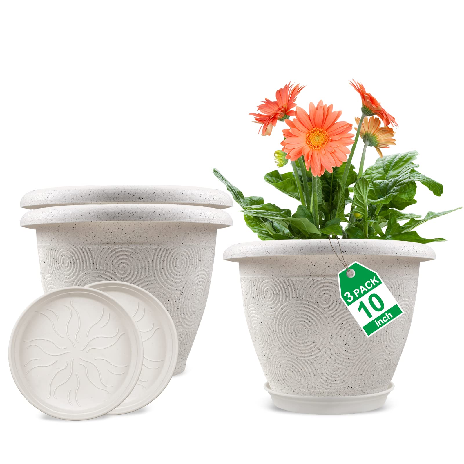 Fodetyff 9 Inch White Planter Pots, 2 Pack, Indoor Outdoor Usage, Drainage Tray, Sturdy Resin Material, Rolled Rim, Suitable for House Plants, Cactus